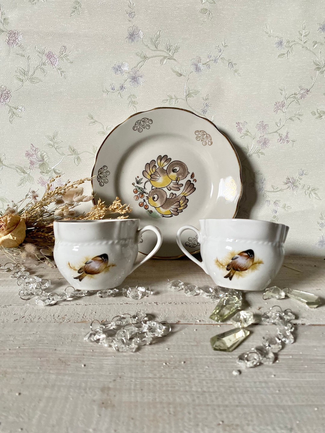 Vintage Cups Unusual Shape Pair of Cups White Cup With Birds Old Soviet ...