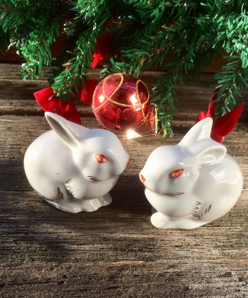 Porcelain Figurine Hare 2 White Hares Family Eastern White Bunny Home ...