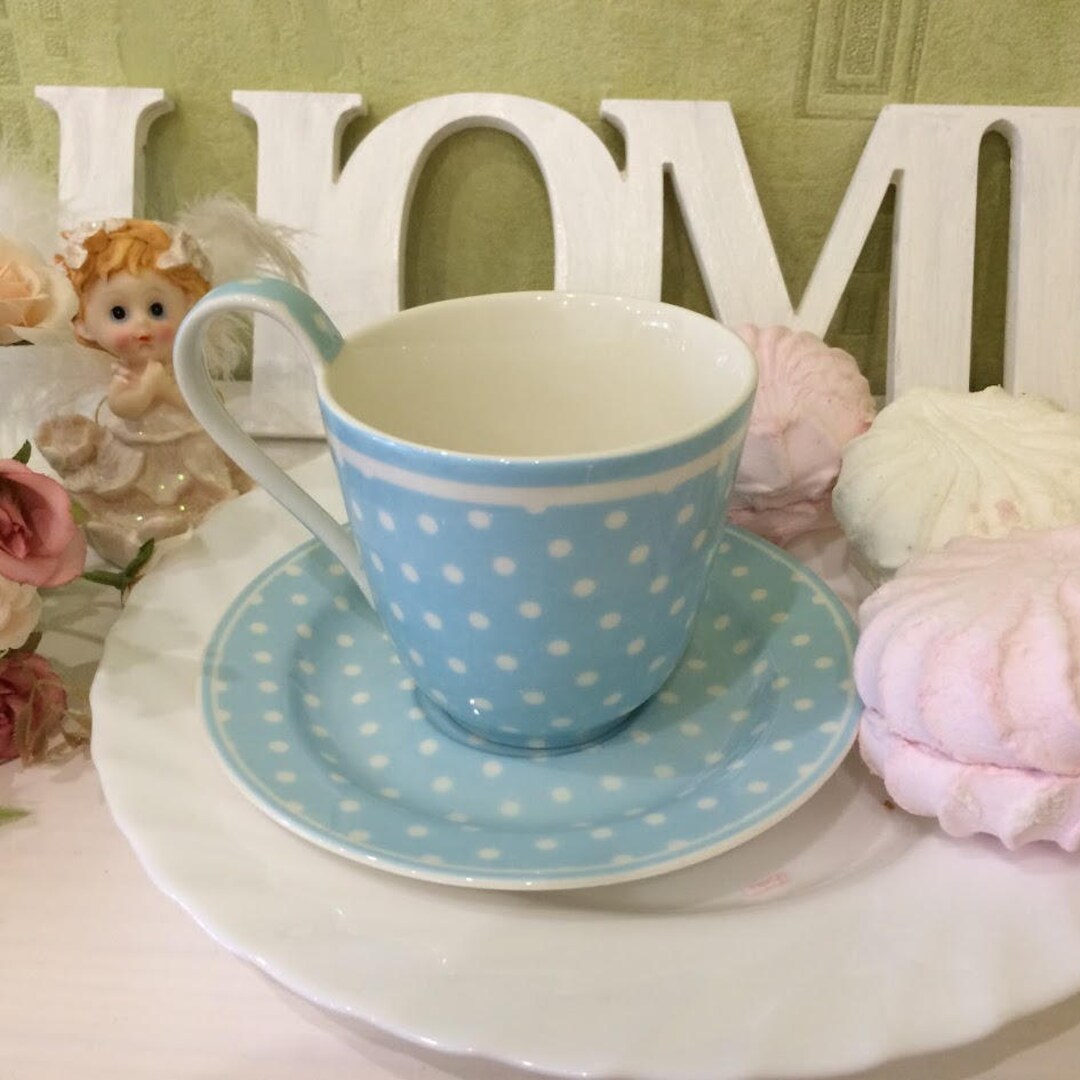 Blue Porcelain Cup With Dots and Saucer, Blue Tea Set, Large Capacious ...