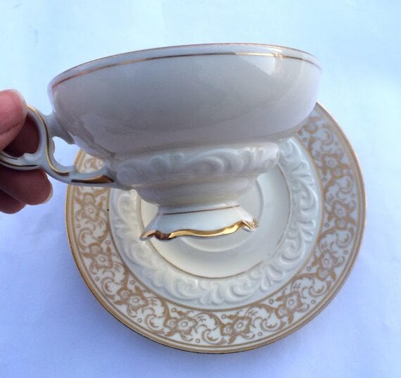 Ancient tea set 60s Vintage Teacup Ivory with gold Porcelain | Etsy