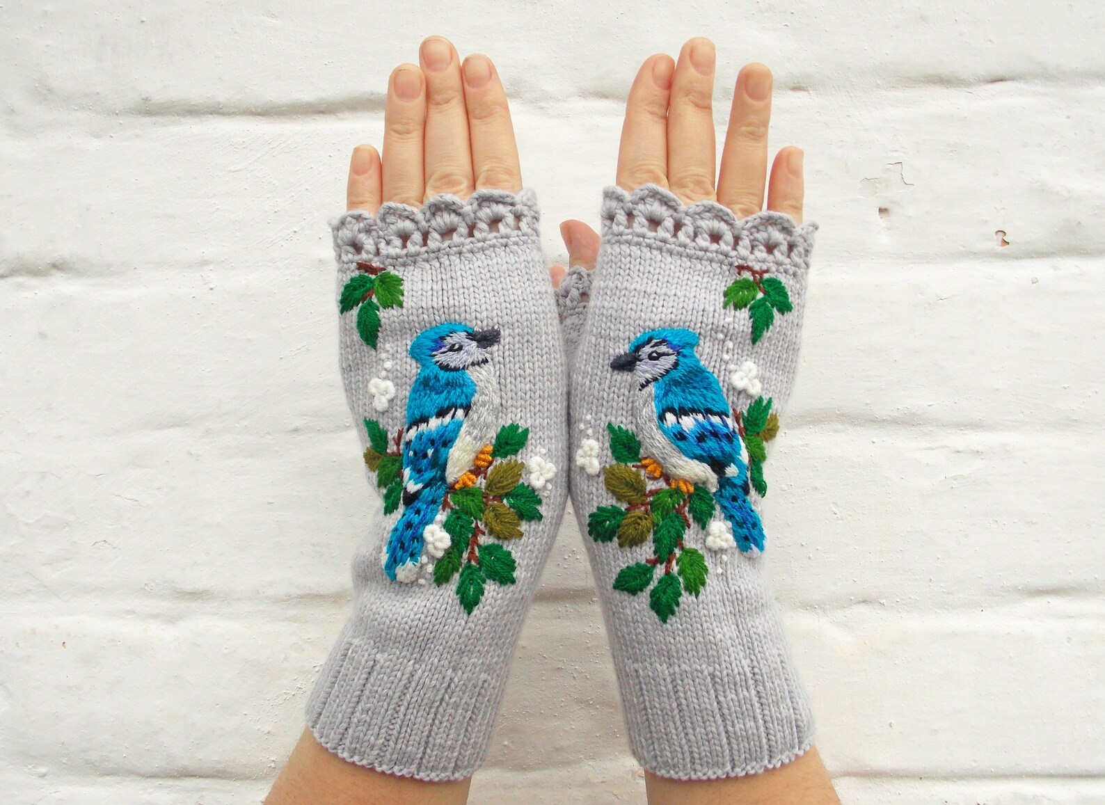 Fingerless Gloves With Embroidered Blue Jay,embroidered Gloves Bird ...