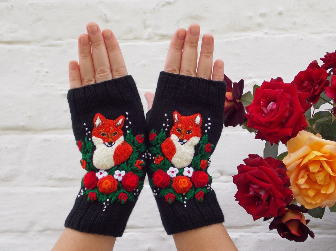 Fingerless Gloves With Embroidered Fox ,gloves With Animals, Fingerless ...