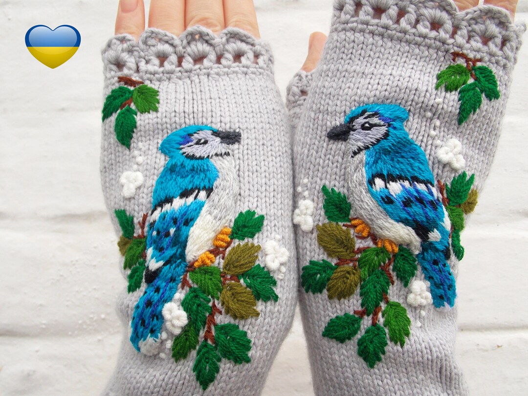 Fingerless Gloves With Embroidered Blue Jay,embroidered Gloves Bird ...