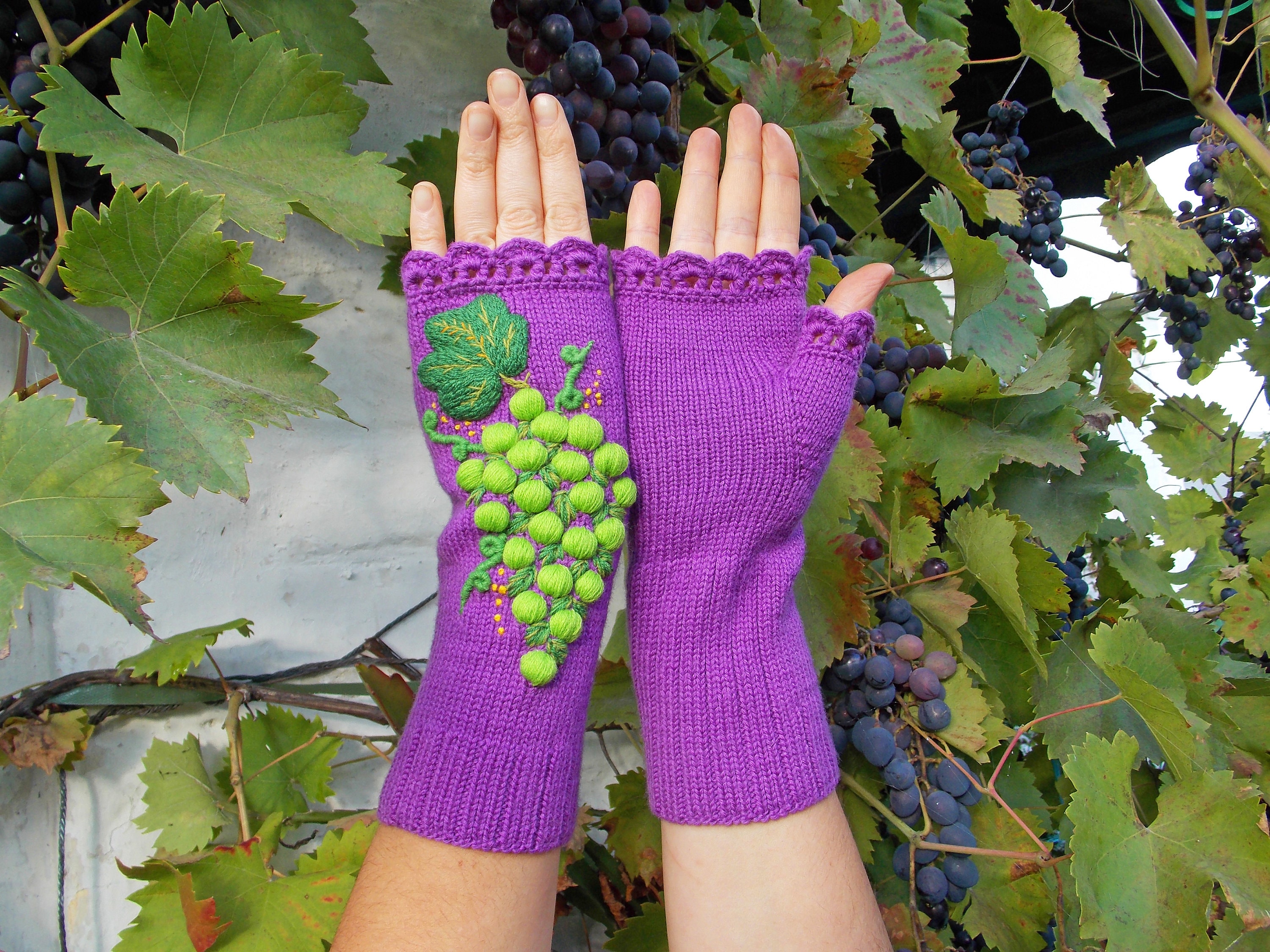 Embroidered Gloves With Grapes, Fingerless Mittens Embroidered Grapes ...