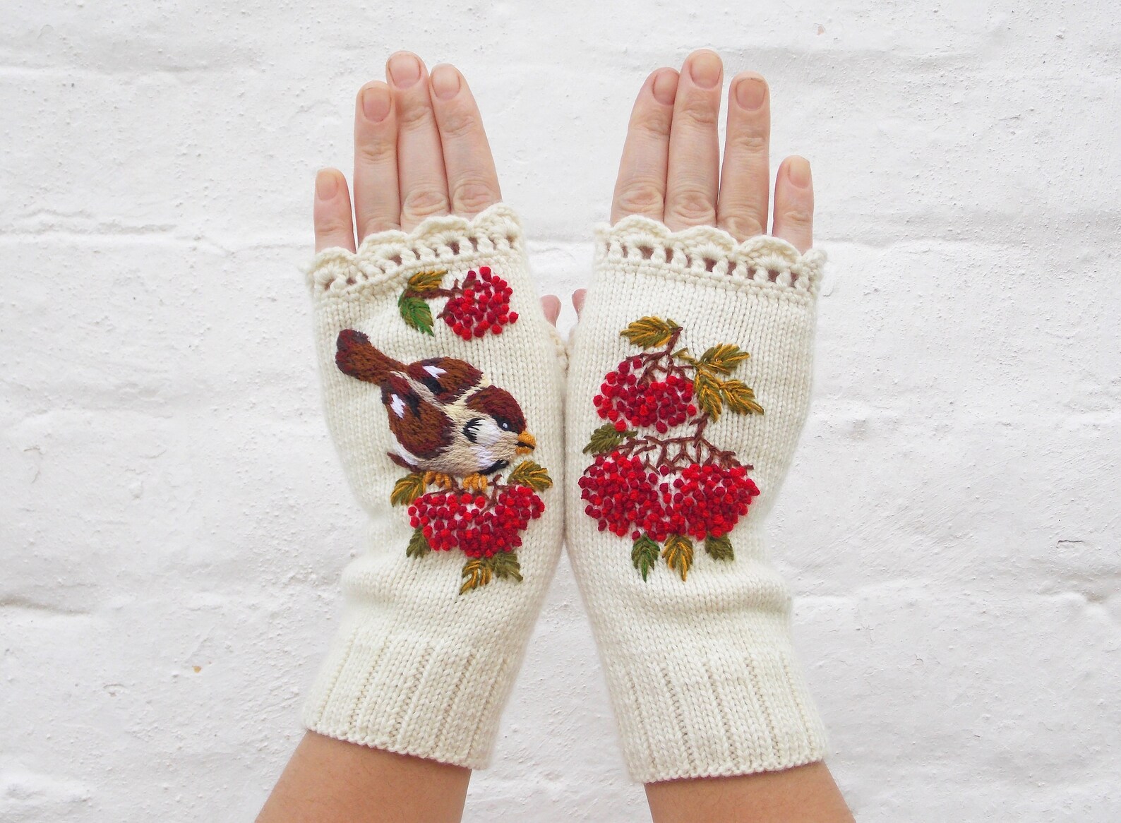 Fingerless Mittens With Sparrow, Embroidered Gloves With Bird ...