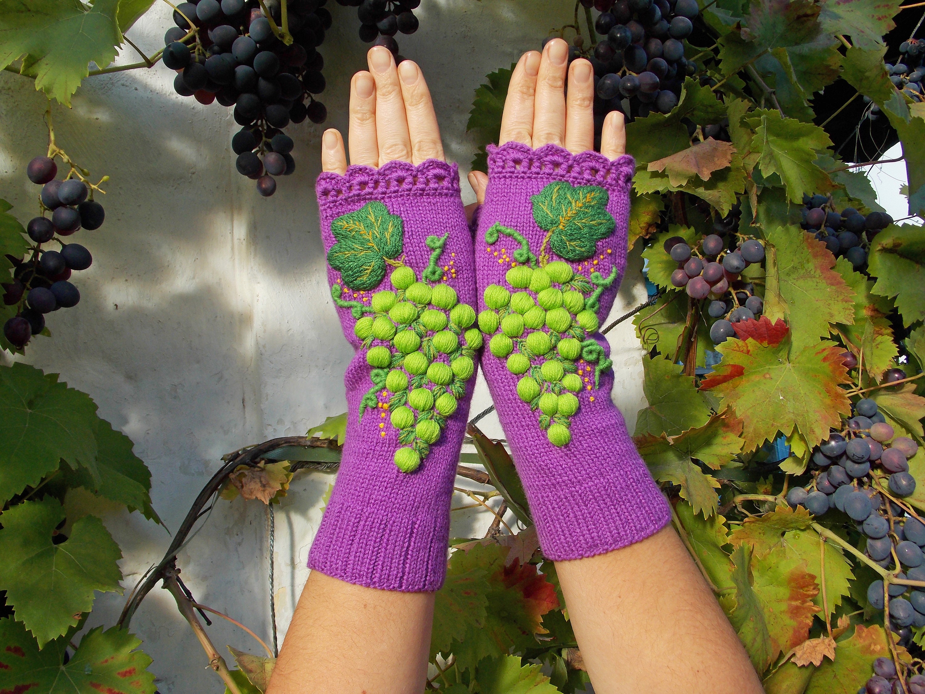 Embroidered Gloves With Grapes, Fingerless Mittens Embroidered Grapes ...