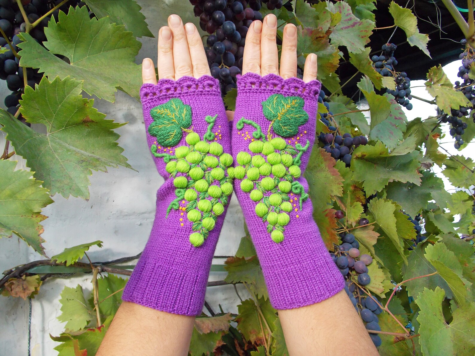 Embroidered Gloves With Grapes, Fingerless Mittens Embroidered Grapes ...