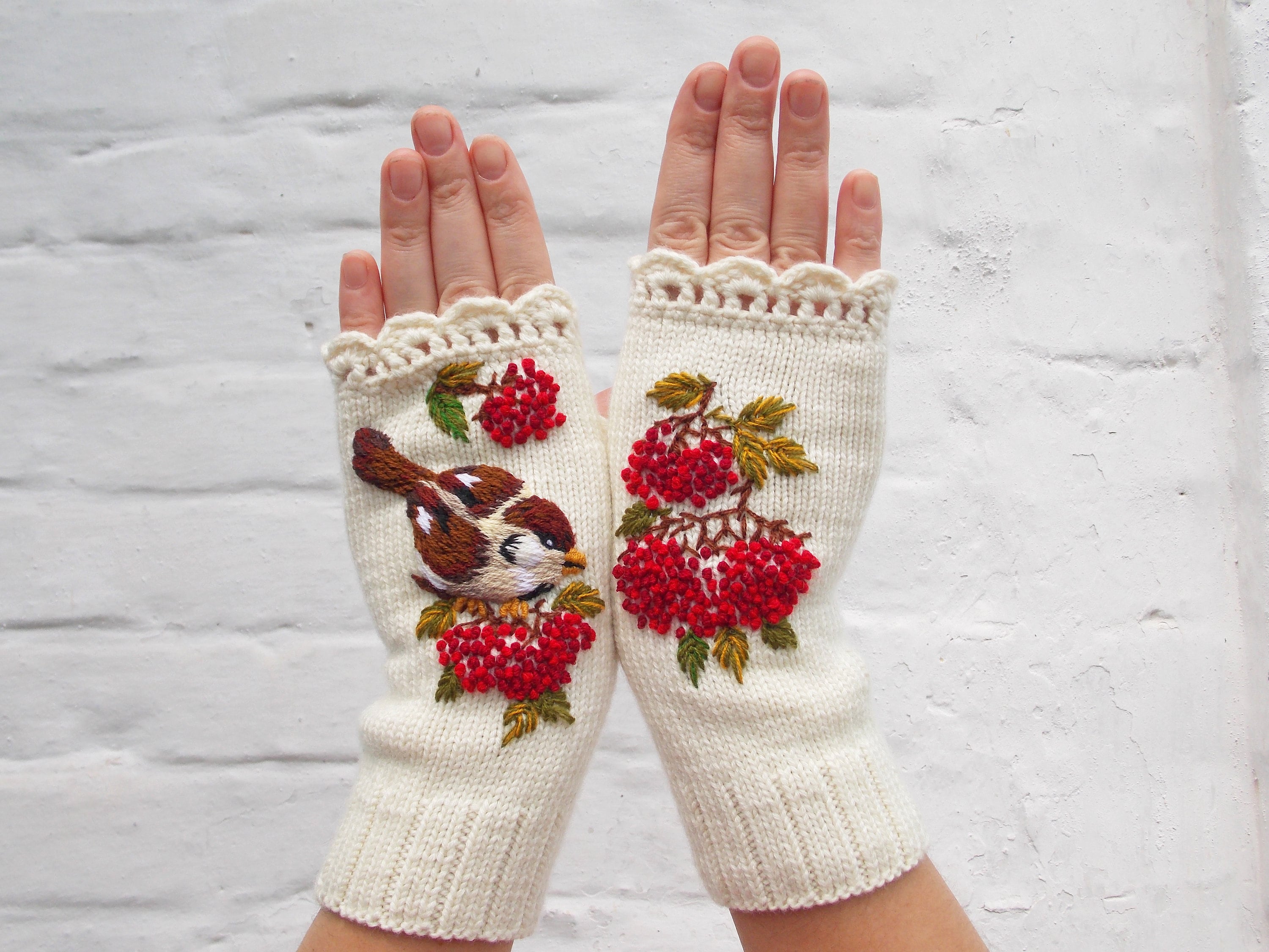 Fingerless Mittens With Sparrow, Embroidered Gloves With Bird ...