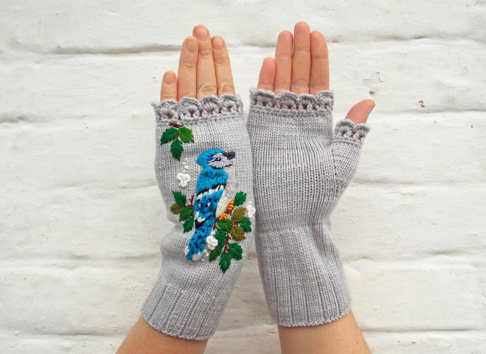 Fingerless Gloves With Embroidered Blue Jayembroidered Gloves - Etsy