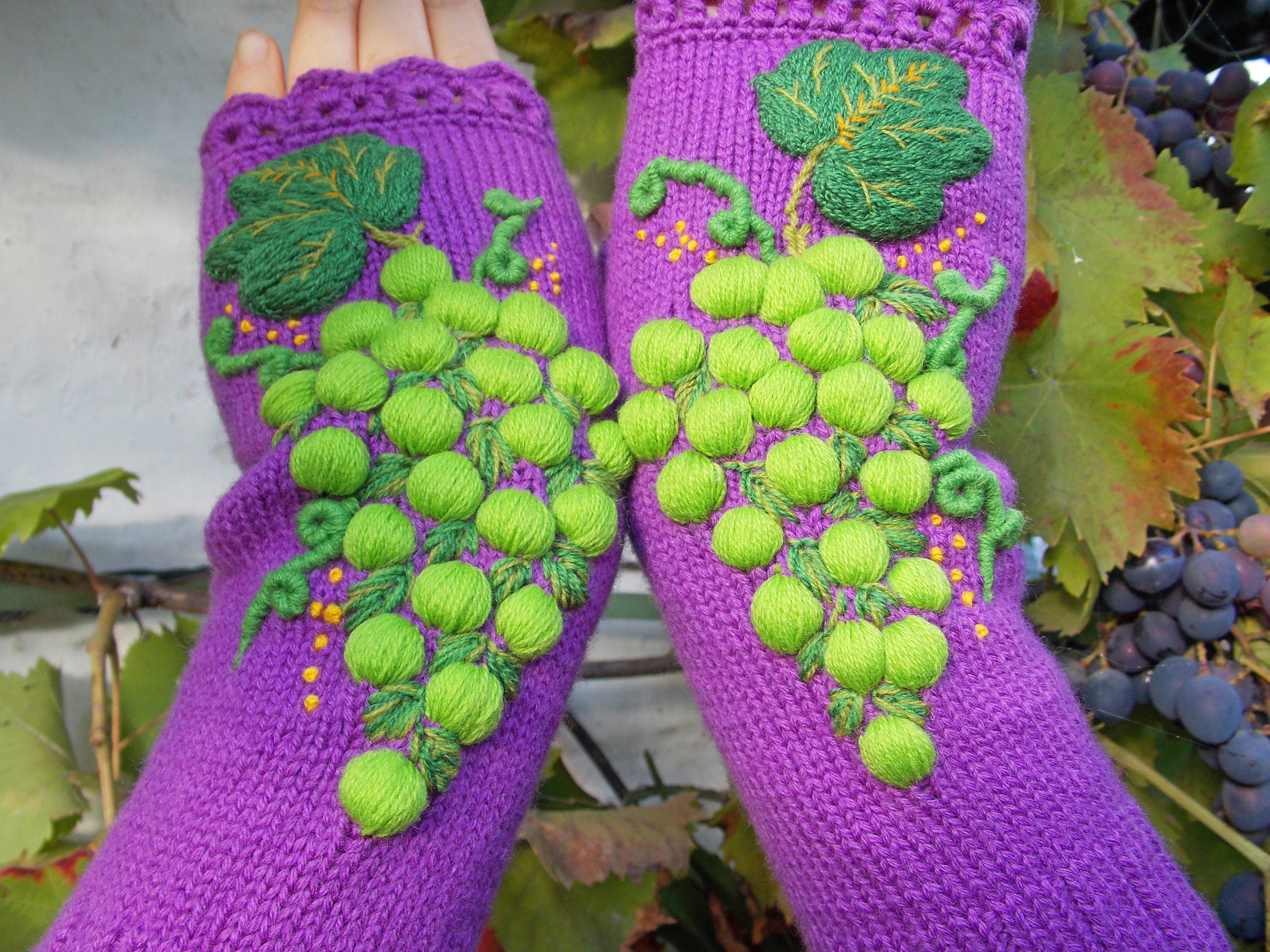 Embroidered Gloves With Grapes, Fingerless Mittens Embroidered Grapes ...