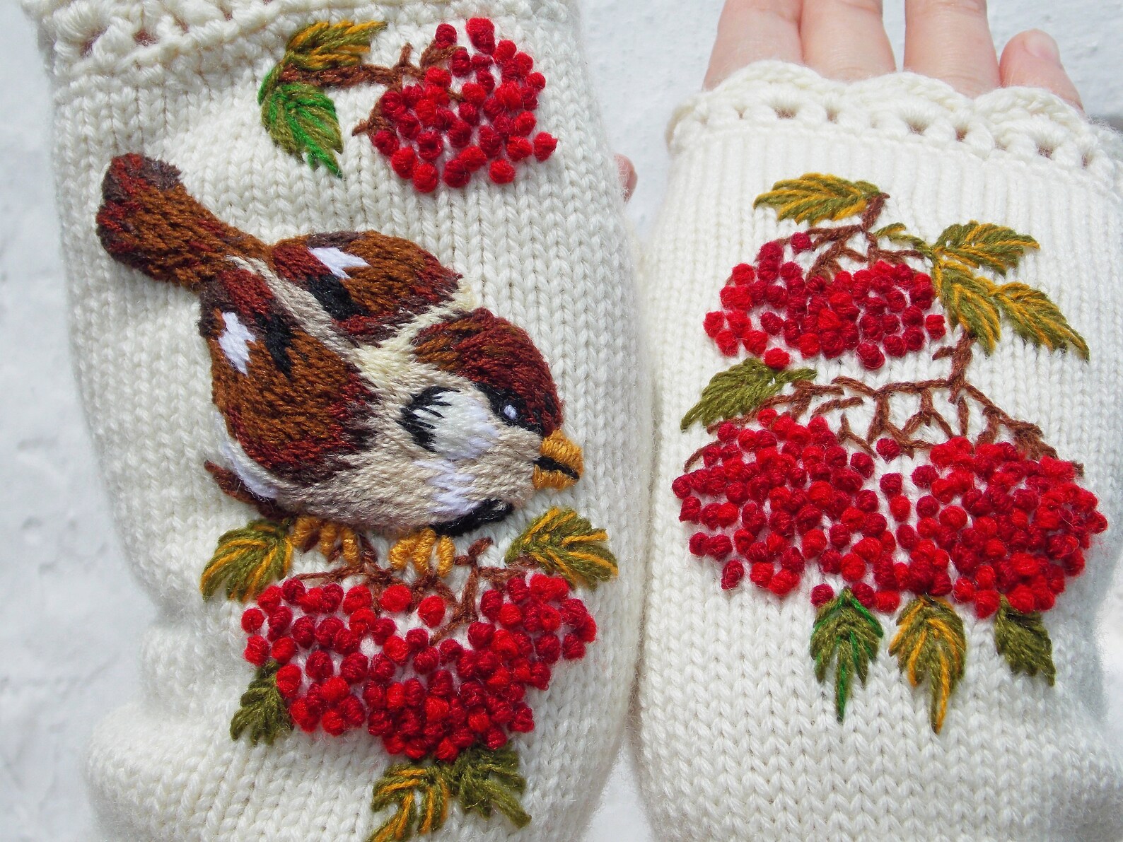 Fingerless Mittens With Sparrow, Embroidered Gloves With Bird ...