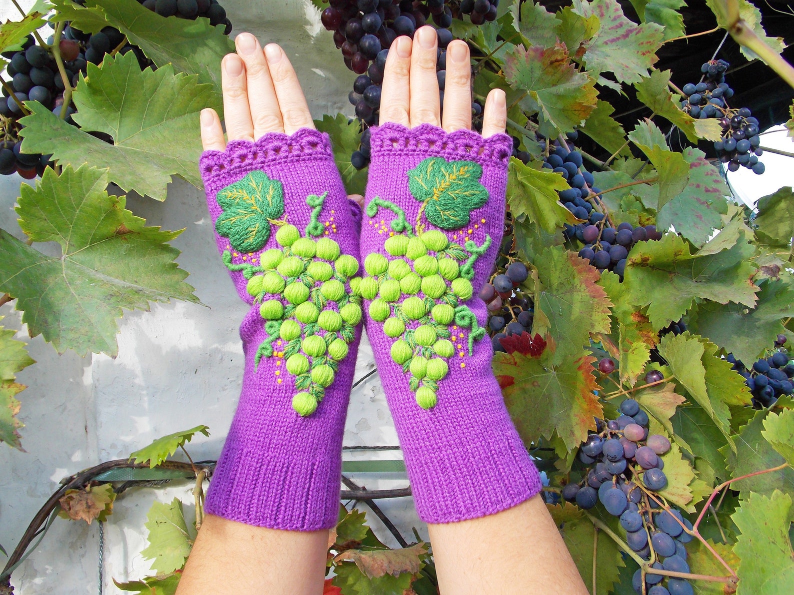 Embroidered Gloves With Grapes, Fingerless Mittens Embroidered Grapes ...