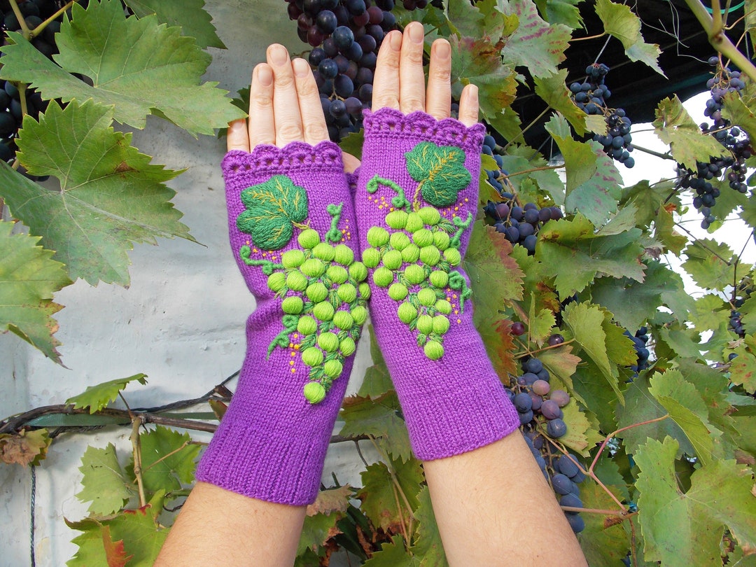 Embroidered Gloves With Grapes, Fingerless Mittens Embroidered Grapes ...