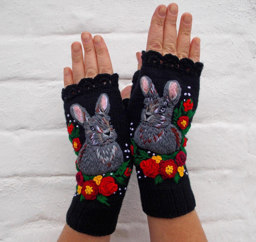 Embroidered Fingerless Gloves: Merino Wool Mittens With Hare - Etsy