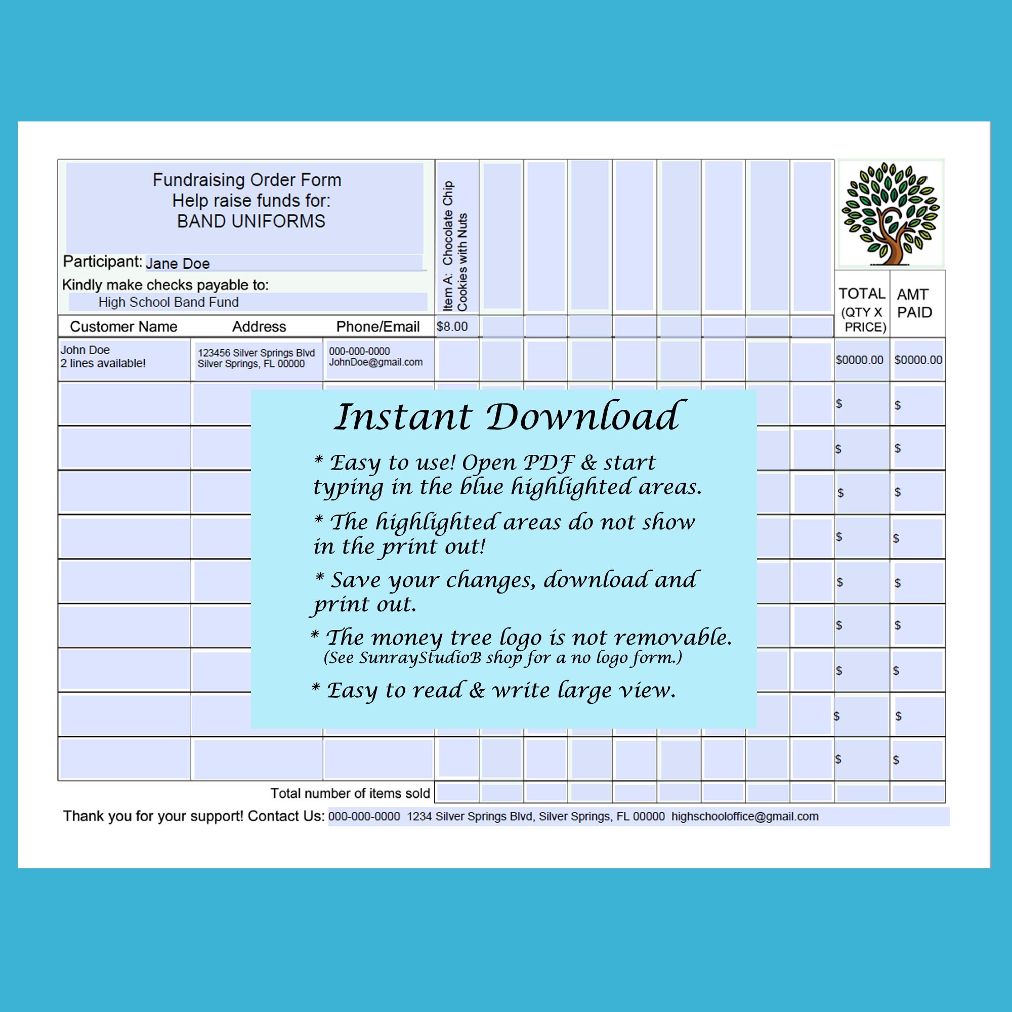 Editable Fundraising Order Form: Printable PDF With Tree Logo (digital ...
