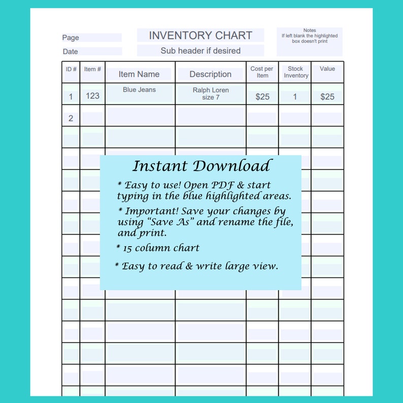 BLANK INVENTORY TEMPLATE, Editable Inventory Log, Instant Download ...