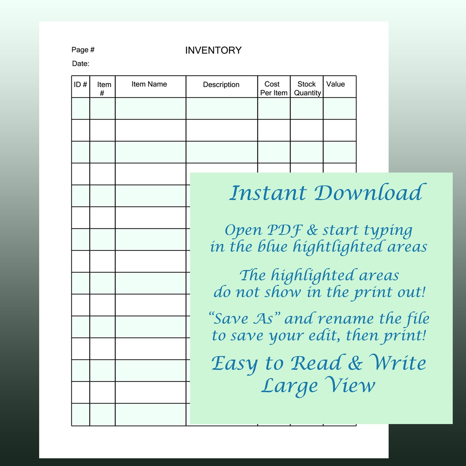 EDITABLE INVENTORY CHART, Instant Download, Simple Inventory Template ...