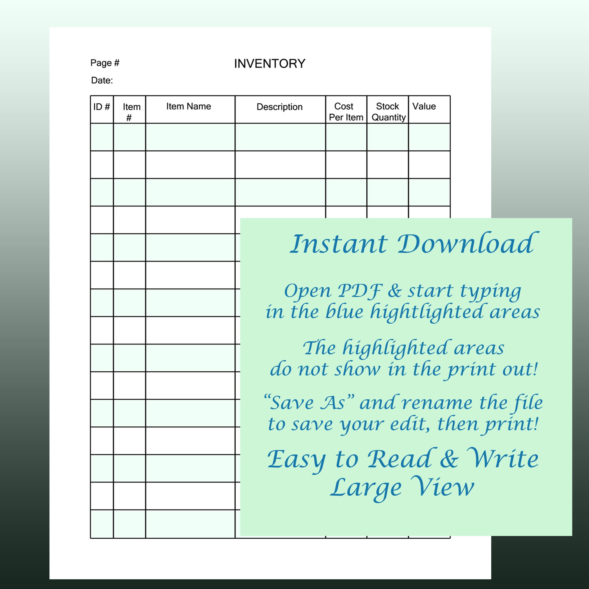 Editable Inventory Chart: Printable Inventory Tracker (instant Download ...