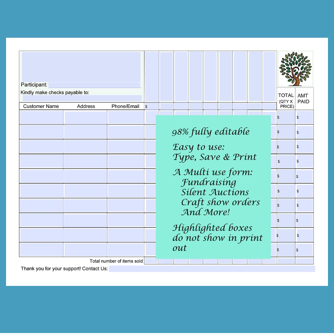 Editable Fundraising Order Form: Printable PDF With Tree Logo (digital ...