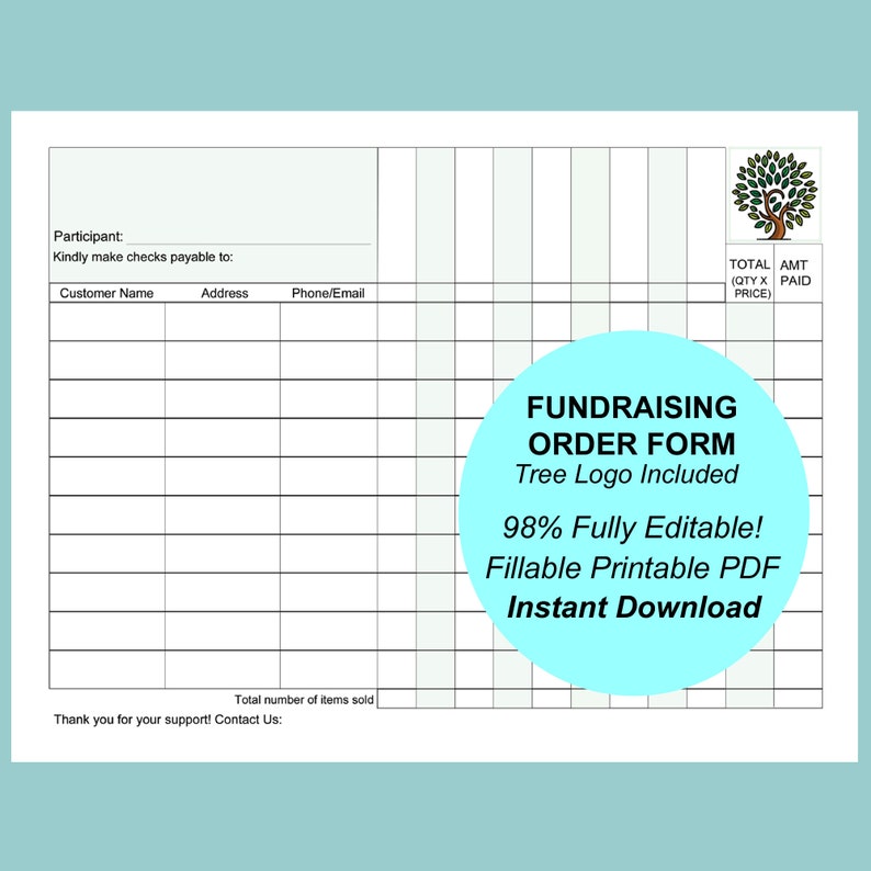 Editable Fundraising Order Form: Printable PDF With Tree Logo (digital ...