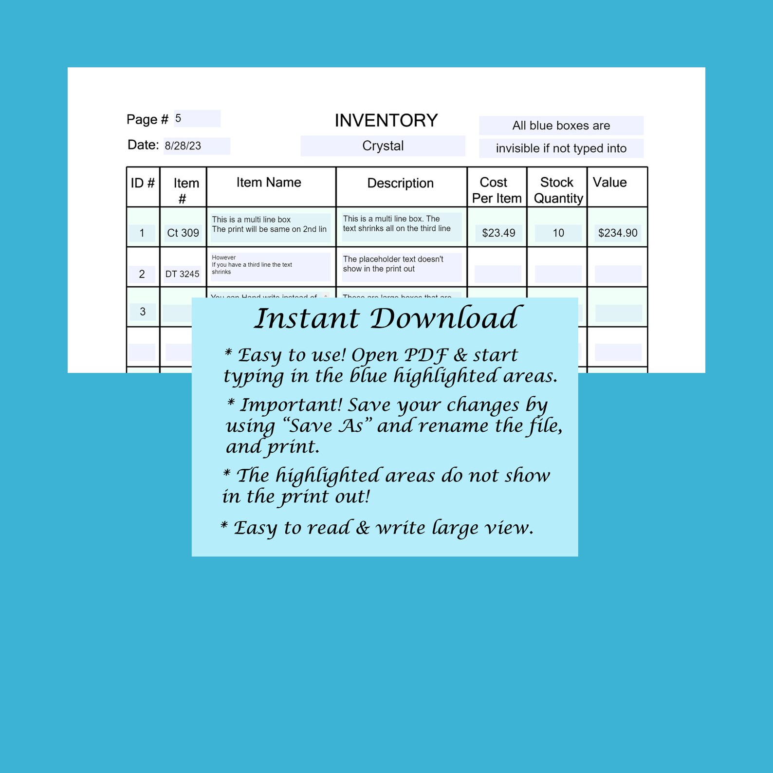 Editable Inventory Chart: Printable Inventory Tracker (instant Download ...