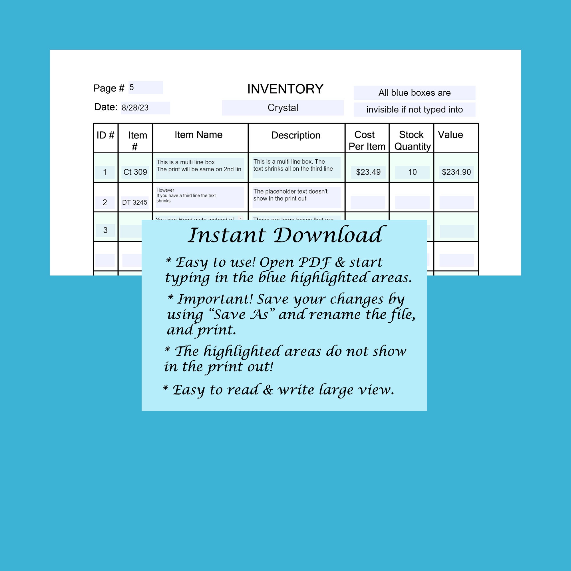 EDITABLE INVENTORY CHART, Instant Download, Simple Inventory Template ...