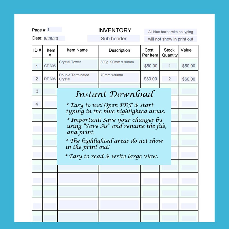 EDITABLE INVENTORY CHART, Instant Download, Simple Inventory Template ...