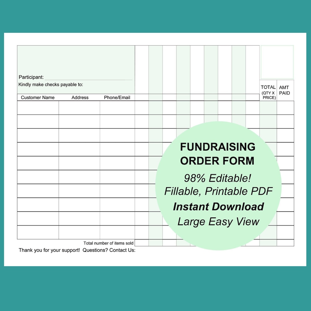 Editable Fundraising Order Form: Printable PDF With No Logo (digital ...
