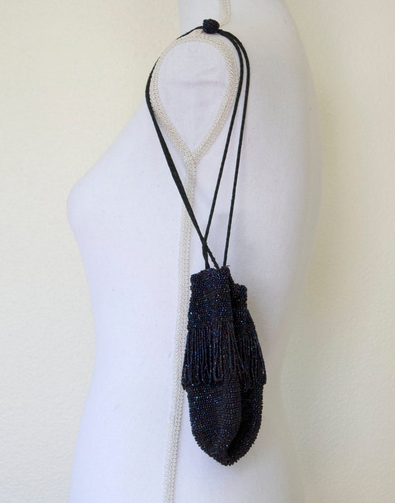 1920s Navy Blue Beaded Drawstring Flapper Bag with Fr… - Gem