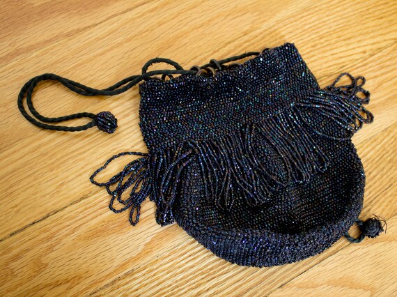 1920s Navy Blue Beaded Drawstring Flapper Bag with Fr… - Gem