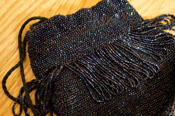 1920s Navy Blue Beaded Drawstring Flapper Bag with Fr… - Gem