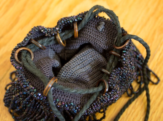 1920s Navy Blue Beaded Drawstring Flapper Bag with Fr… - Gem