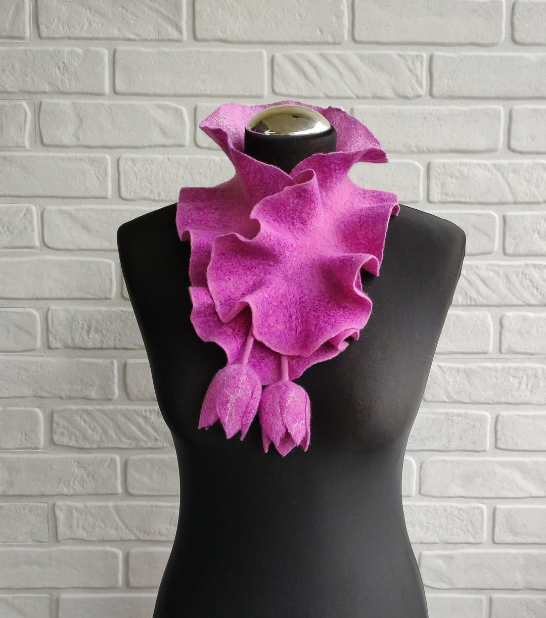 Felted Pink Reversible Scarf Ruffle With Tulips, Woolen Neck Warmer ...