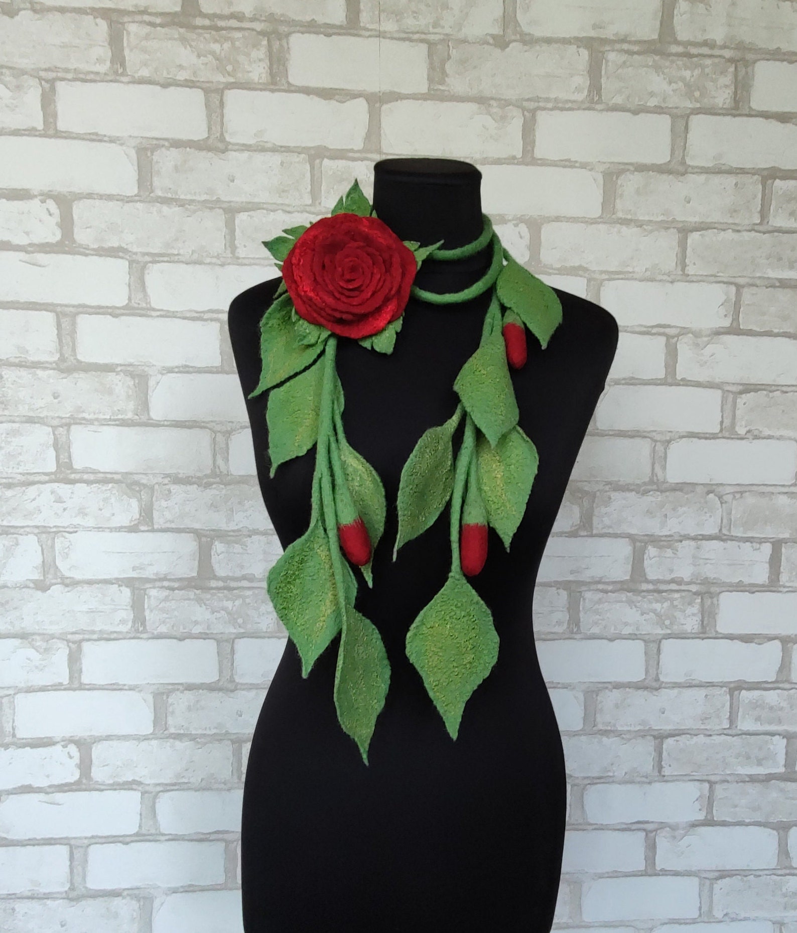 Felt Wool Floral Scarf Dark Red Rose Lariat Flower Bouquet - Etsy