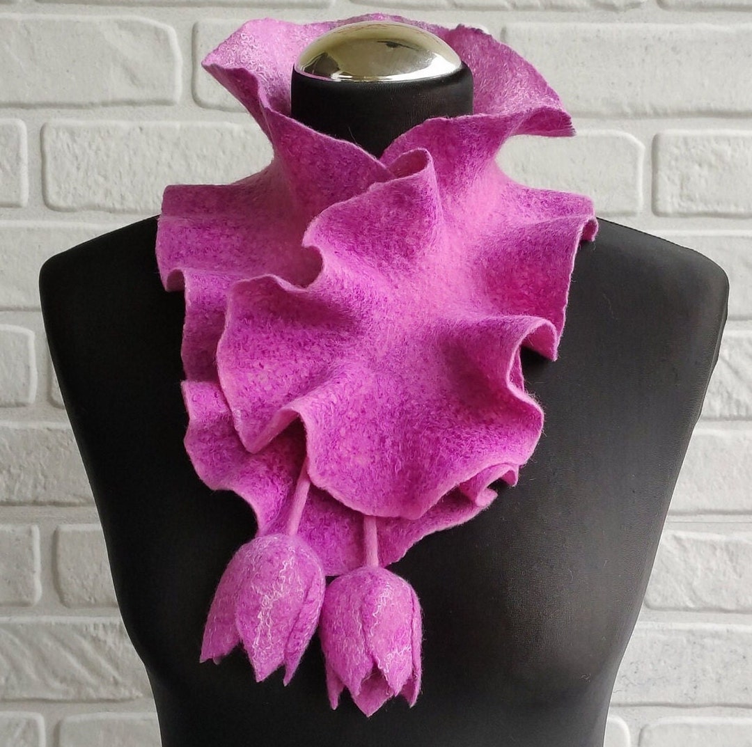 Felted Pink Reversible Scarf Ruffle With Tulips, Woolen Neck Warmer ...