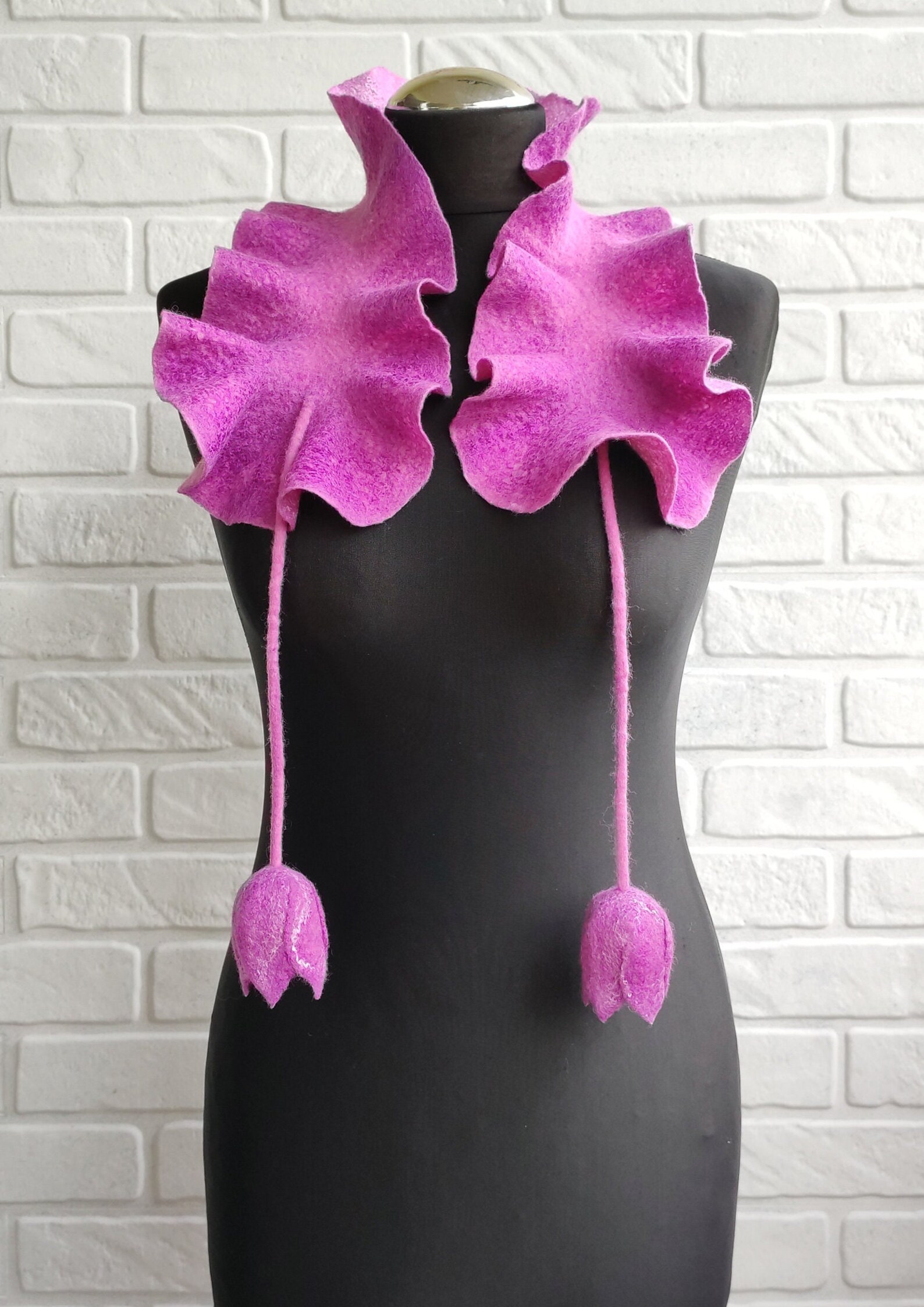 Felted Pink Reversible Scarf Ruffle With Tulips, Woolen Neck Warmer ...