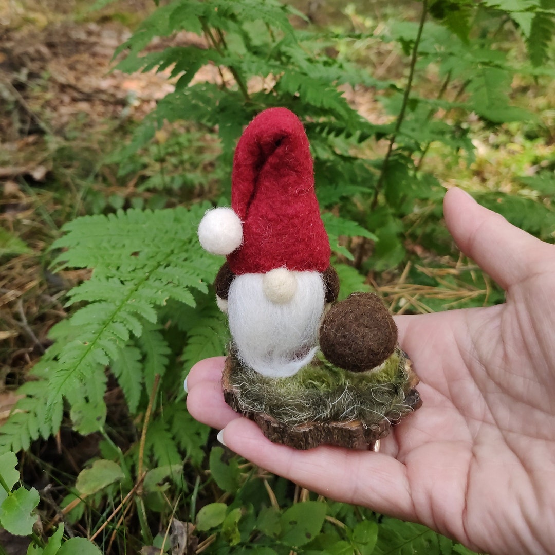 Needle Felted Wool Sculpture Gnome and Mushrooms, Handmade Summer Red ...