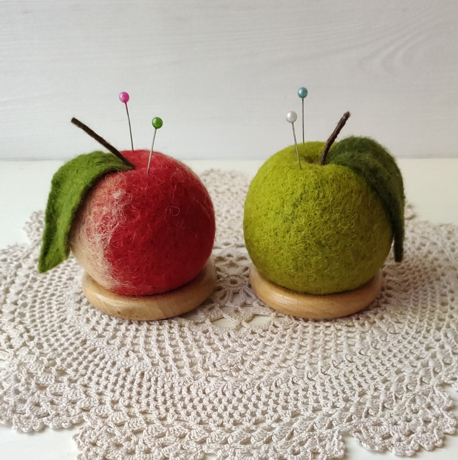 Felted Wool Apple Pincushion Set, Handmade Needle Cushions, Sewing Room ...