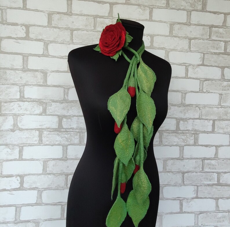 Felt Wool Floral Scarf Dark Red Rose Lariat Flower Bouquet - Etsy