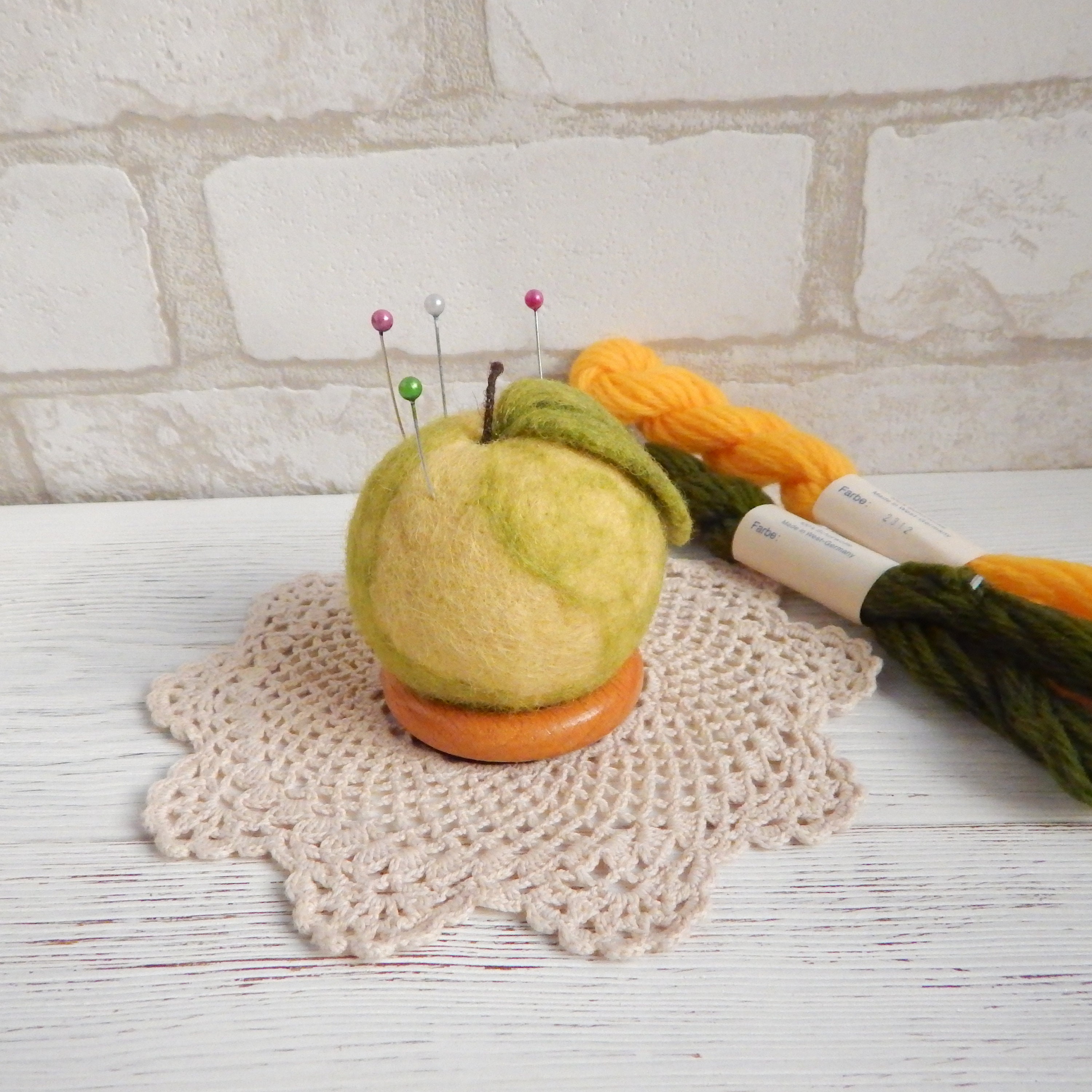 Felted pin cushion yellow green apple Handmade wool | Etsy