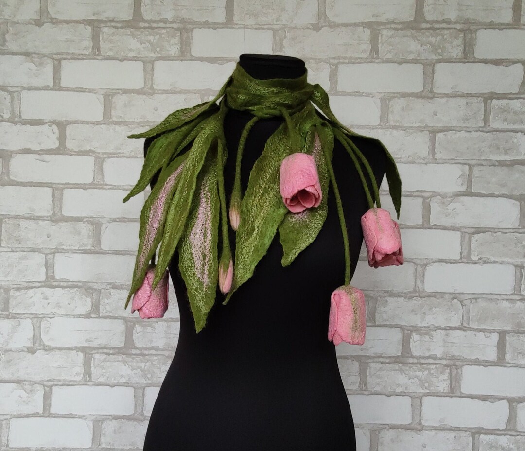 Écharpe verte en laine feutrée avec tulipes roses collier - Etsy France