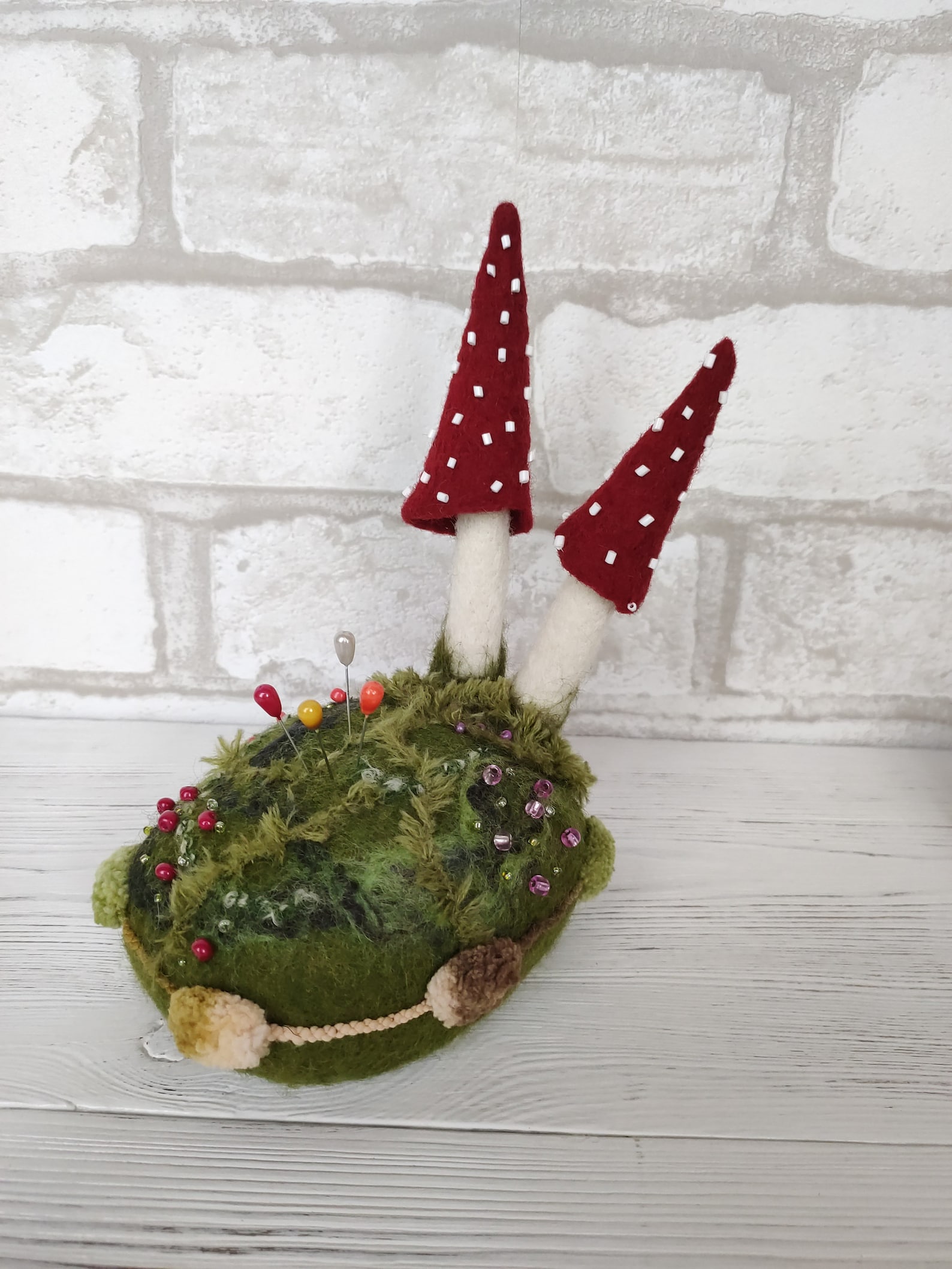 Felt Wool Handmade Pin Cushion Scene With Mushrooms, Felted Large ...