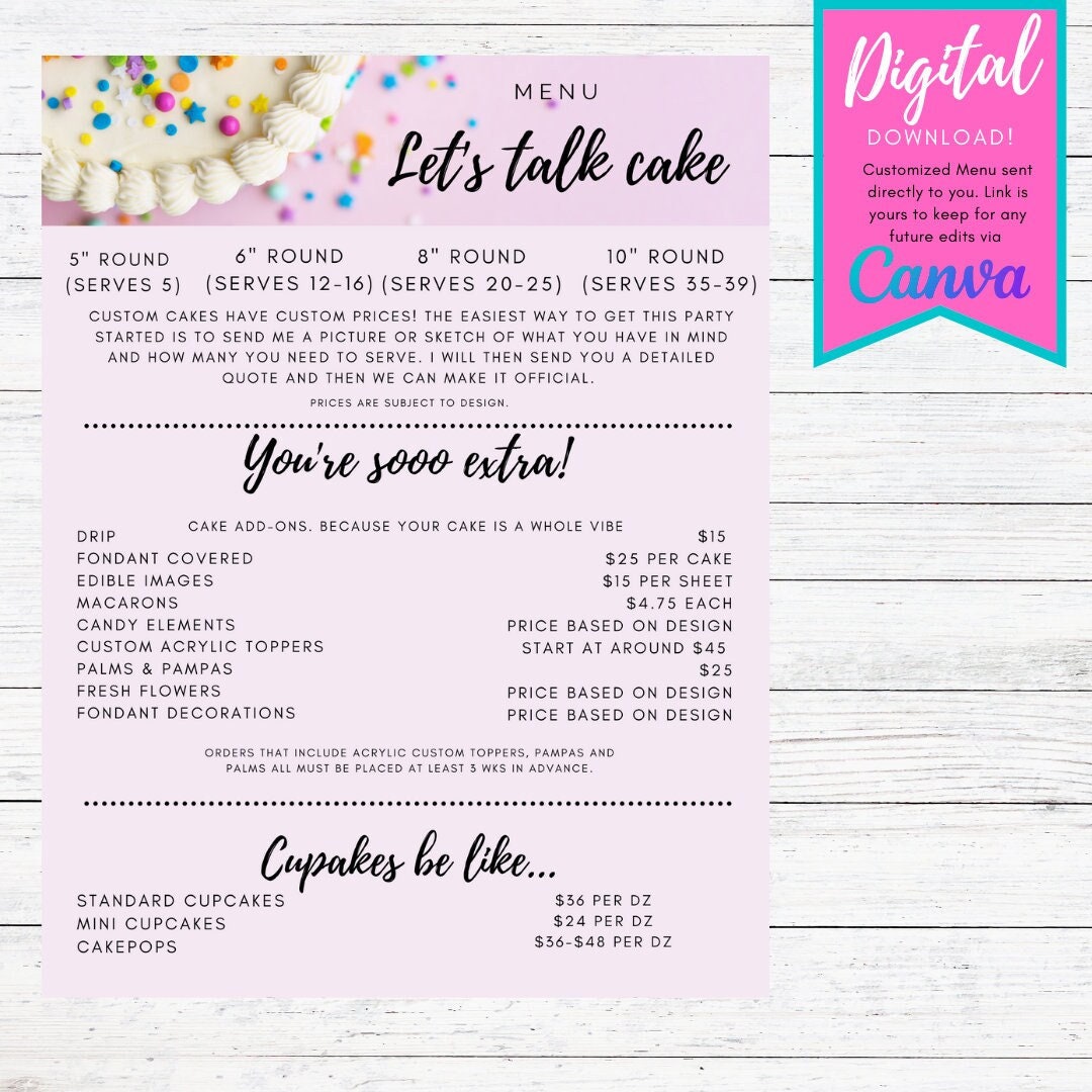 Bakers Menu, Cake Menu, Instant Download Cake Menu, Small Cake Business ...
