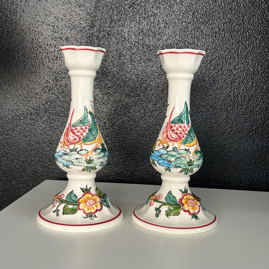Anfora Portugal Hand Painted Candlestick Holders - Bird Design - Etsy