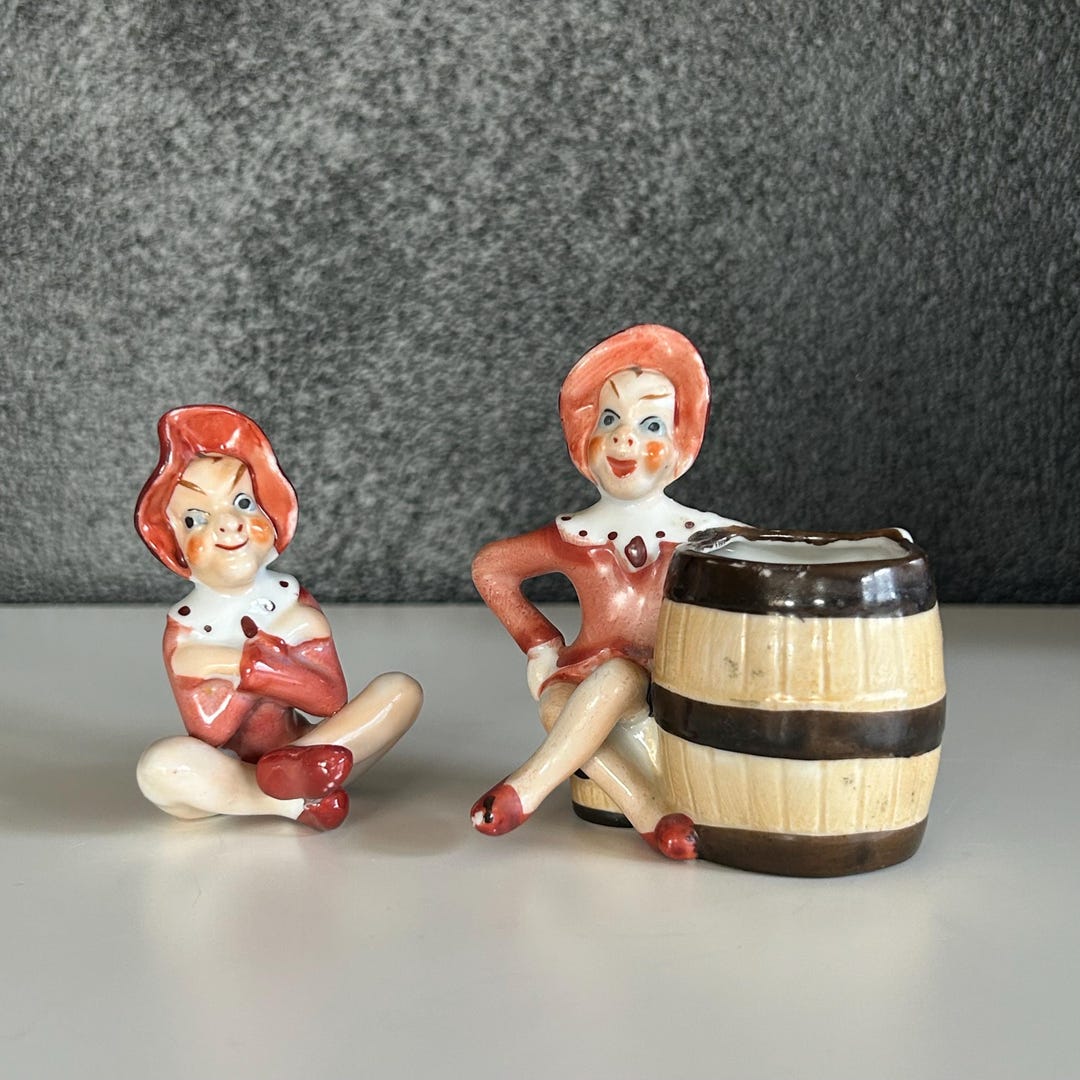 Pair of Occupied Japan Pixie / Elves - One With Barrel, One Sitting ...