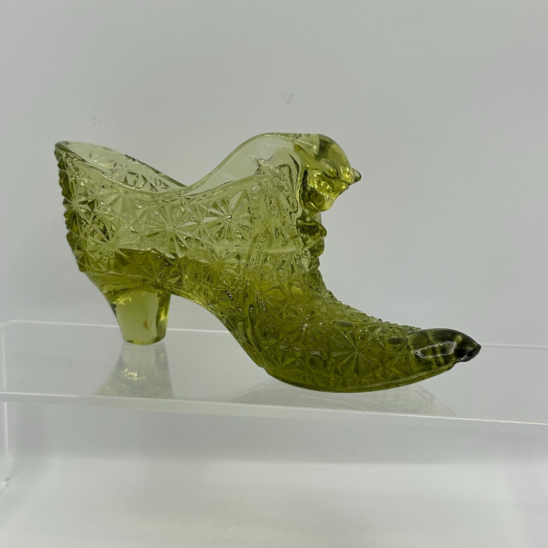 Fenton Daisy and Button Olive Green Cat Head Glass Slipper Shoe - Etsy