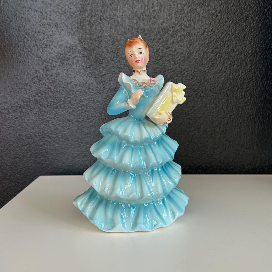 Enesco Lady Planter - Wearing Blue Ruffled Dress - Holding Gift - Etsy