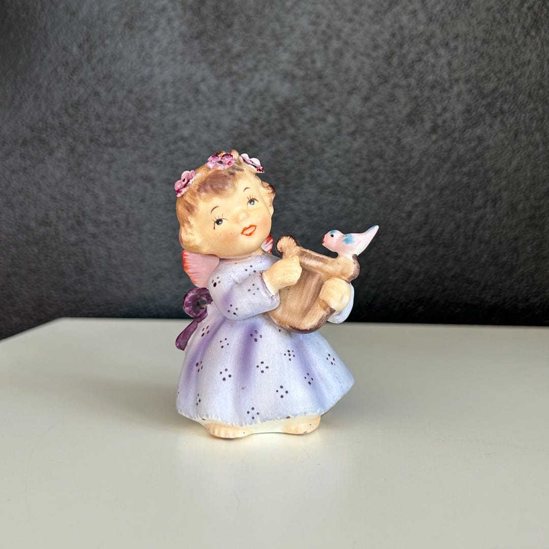Lefton Angel Figurine Playing Harp With Little Bird - Etsy