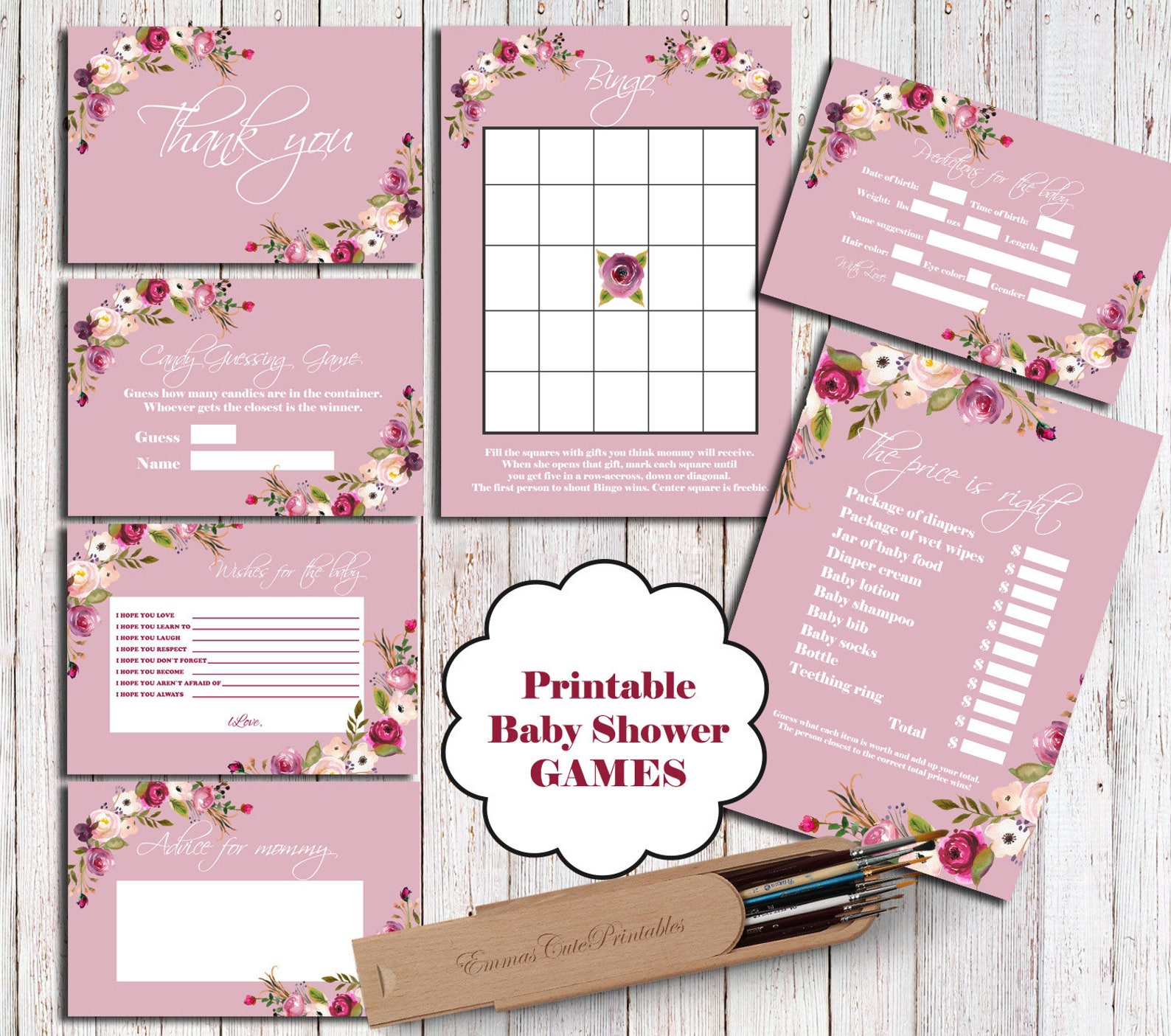 Pastel Pink Floral Baby Shower Games Package,printable Baby Shower ...