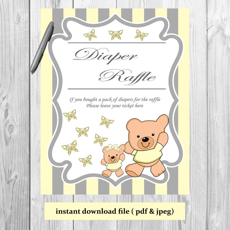 Diaper Raffle Sign Baby Yellow and Grey Teddy Bear Raffle - Etsy
